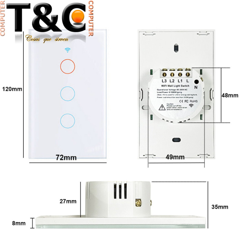 INTERRUPTOR VOZ+WIFI+TOQUE TRES VIA DOMOTICA BLANCO